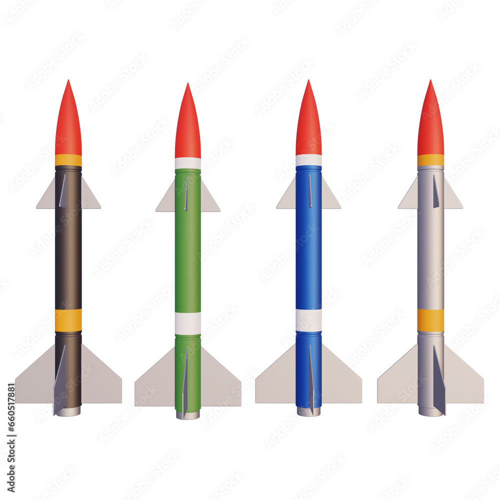 Several cruise missiles, rocket packs, Army soldiers, gray-red, blue ...