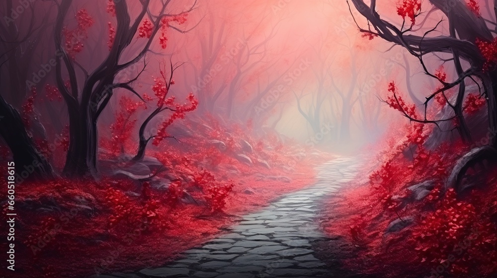 Dark mystical forest with fog, red accent. Generation AI Stock ...