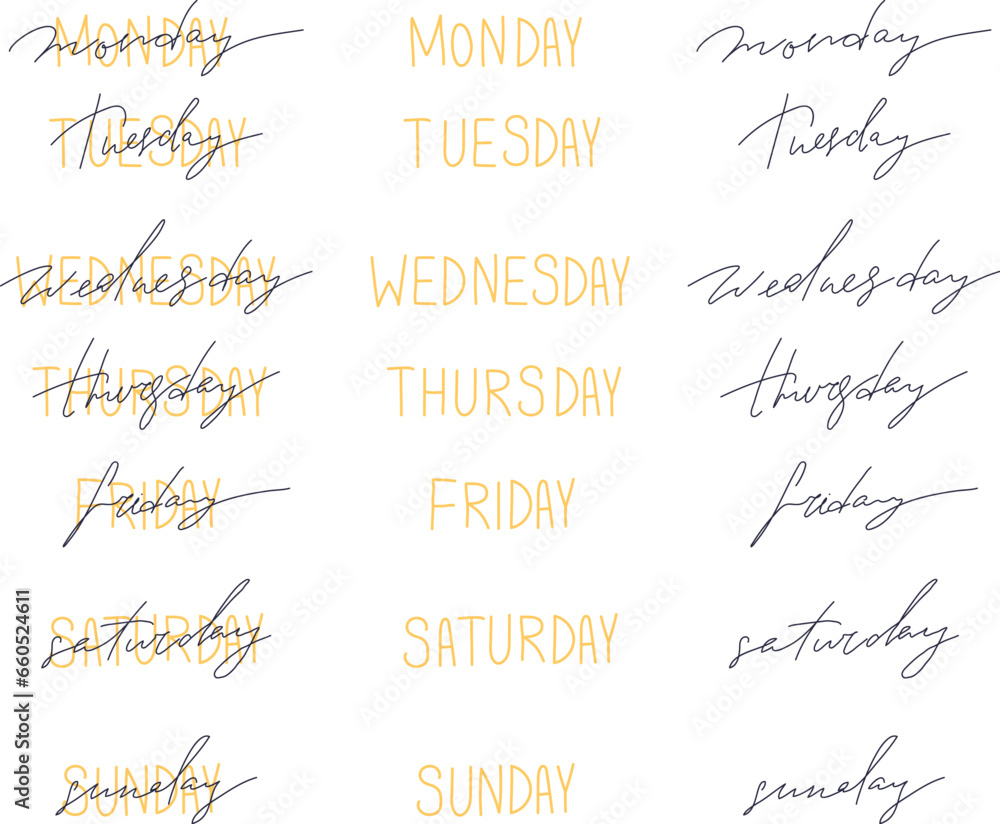 Vector handwritten week days signs set. Stickers for planner. Isolated ...