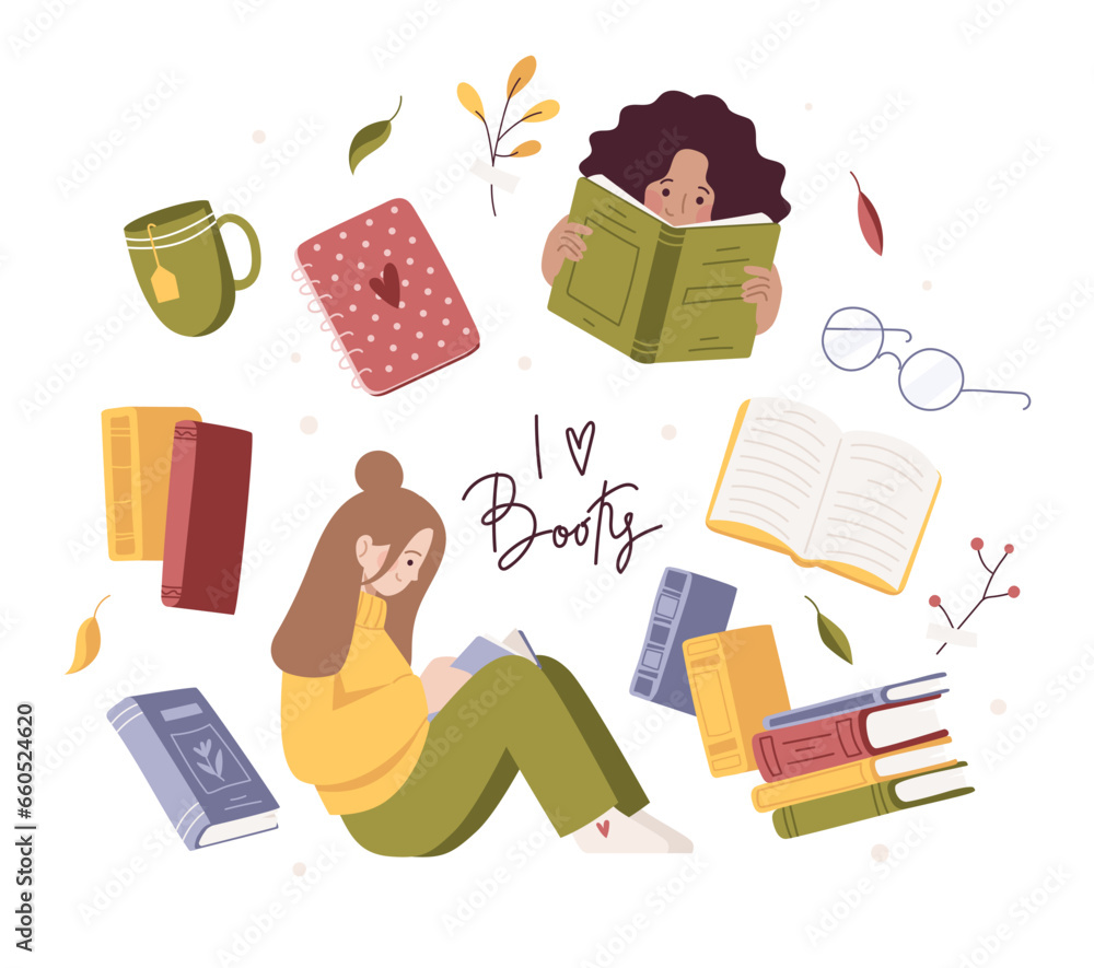 I love books lettering and objects set. Aesthetics of learning. Cartoon ...