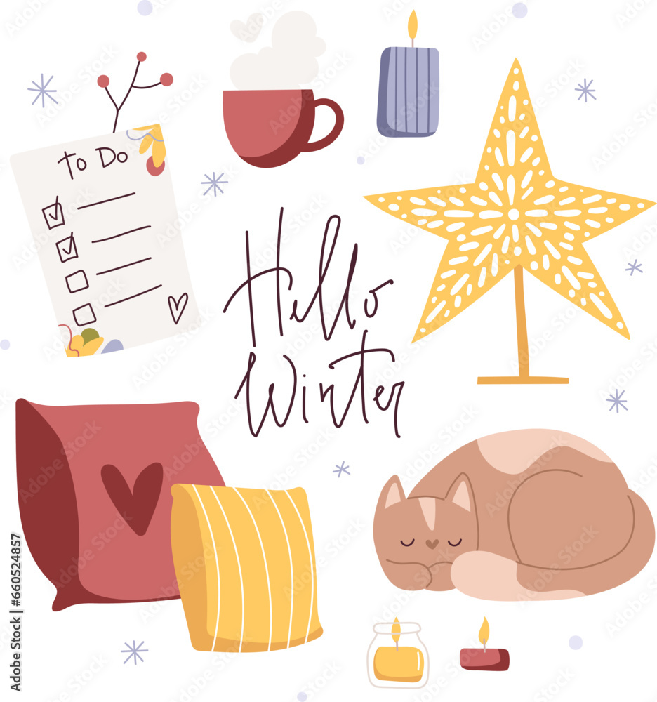 Hello winter card, contemporary art. Seasonal objects collection, hand ...