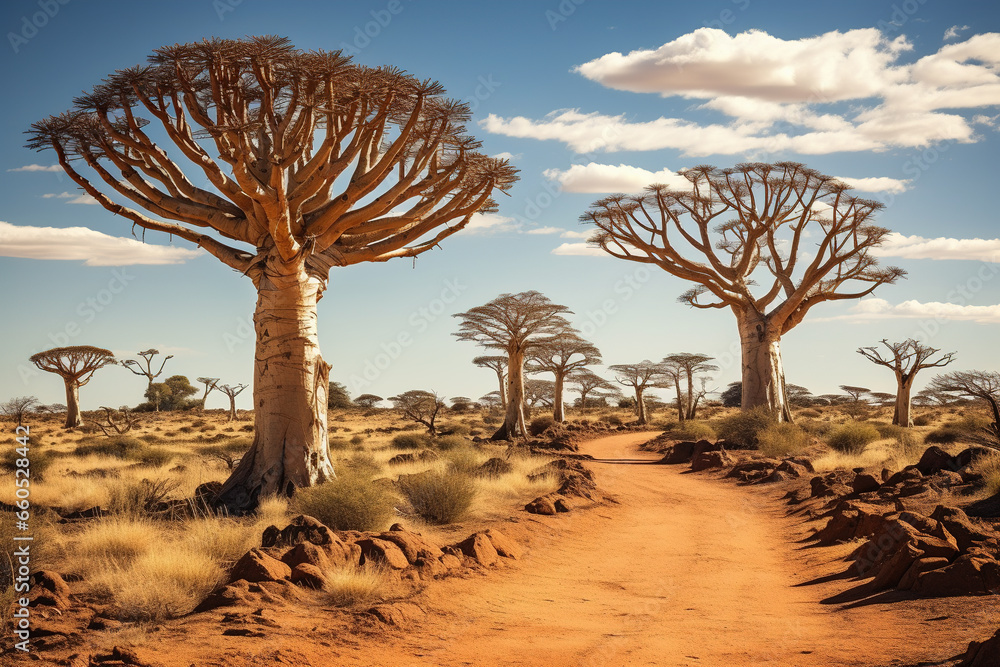 The Quiver Trees. Dry trees in forest field in national park in summer ...