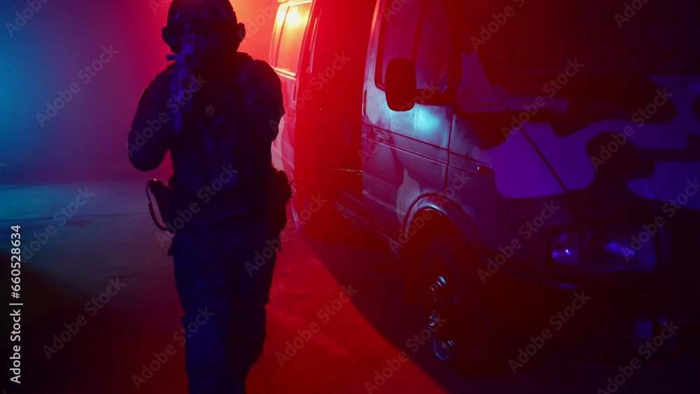 war concept, professional soldier with gun going out from military ...