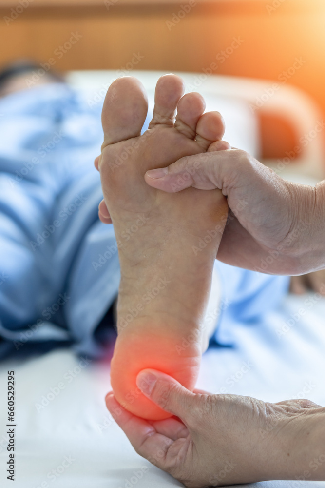 Heel pain illness or Plantar Fasciitis in feet of woman patient who ...