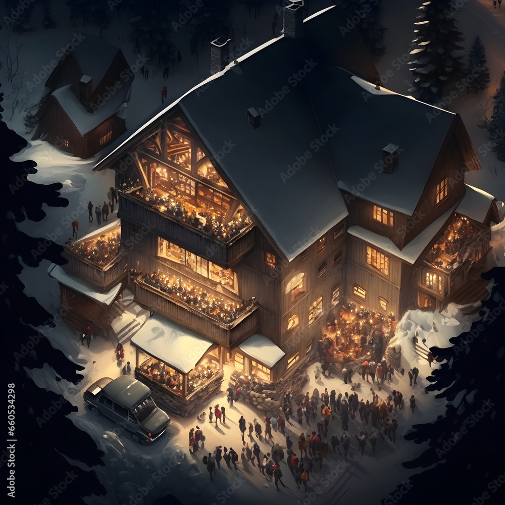 biggest house party ever in a luxurious winter chalet viewed from above ...