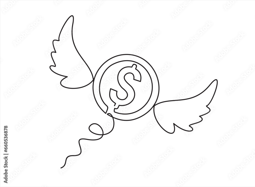 continuous line drawing of dollar coin with wings. Flying money ...
