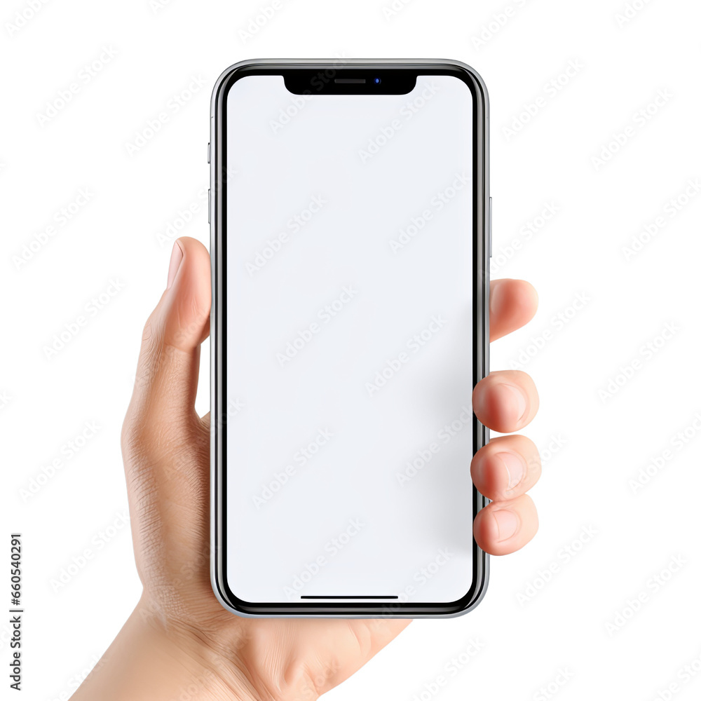 Male hand holding smartphone with white blank screen mockup isolated on ...