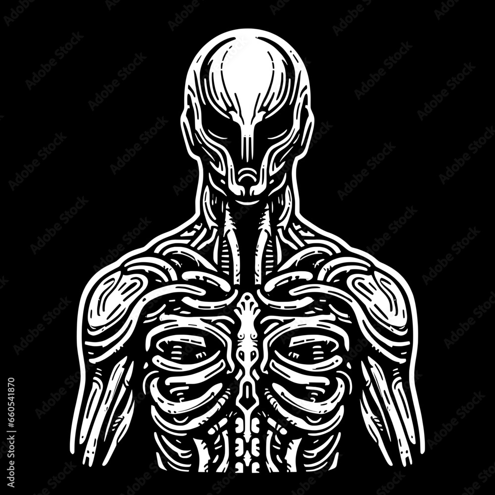 Skeletal Specter: A high contrast black and white illustration of a ...