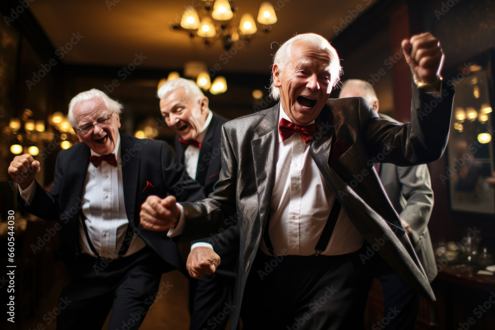 Happy rich senior men dressed in tuxedo dancing at billionaire party ...