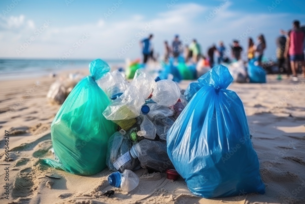 Garbage bags on the sandy beach. Ecological problem, pollution, plastic ...