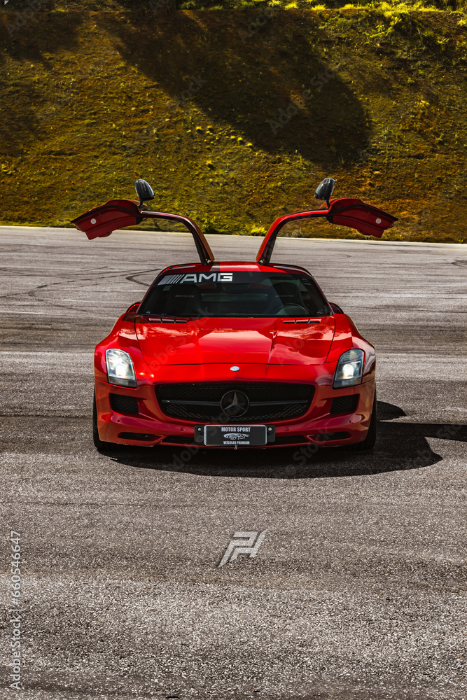 Front view of a Mercedes Benz SLS AMG with it's gullwing doors open ...