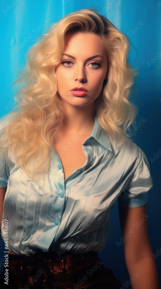Beautiful Blonde Woman Style in the 70s Fashion standing against a Blue ...