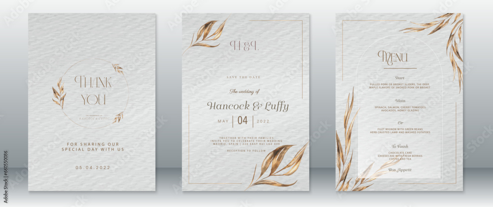Golden wedding invitation card template luxury design with gold leaf ...