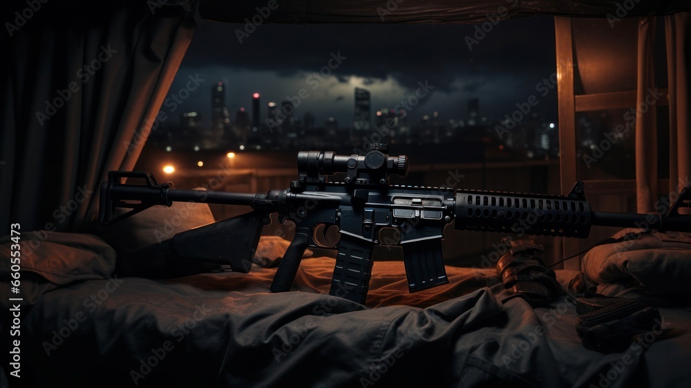 Ar-15 Assault Rifle with Scope Laying on Bed Next to Umbrella Stock ...