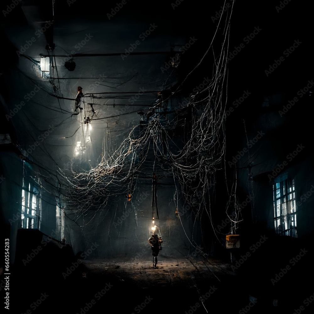 in a huge room many wires hanging from the ceiling to the ground some ...