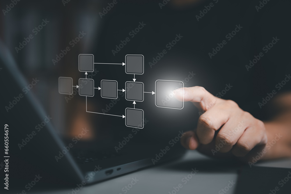 Businessman making business process management and automation concepts. Connected lines for ...