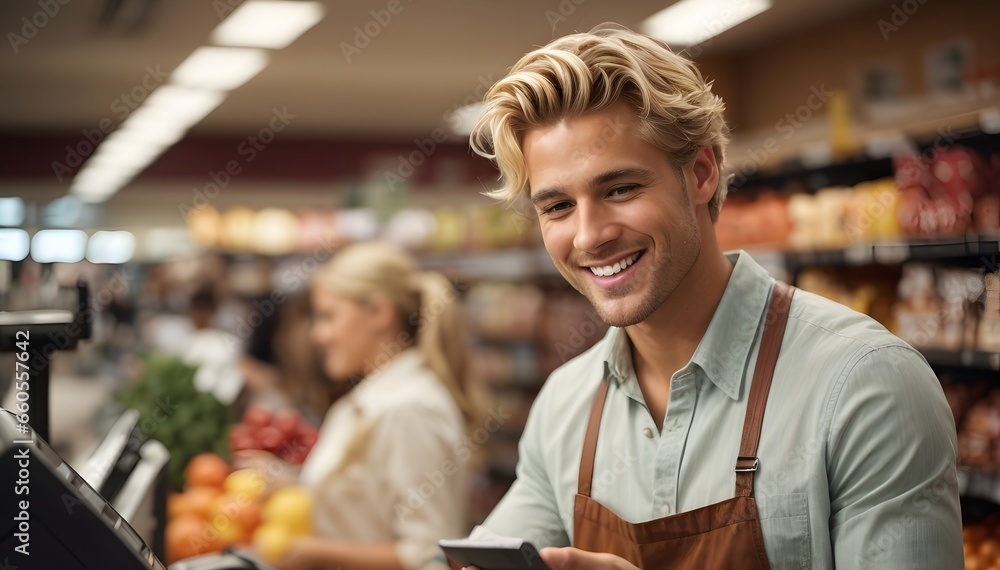 a photo of a beautiful blonde handsome male cashier smiling at the ...