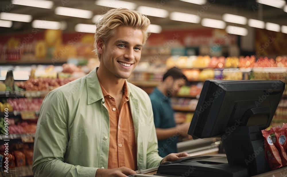 a photo of a beautiful blonde handsome male cashier smiling at the ...