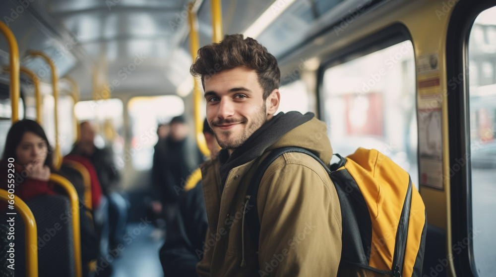 stockphoto, male student is standing in bus and travelling in public ...