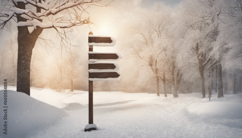 A winter park scene with a blank signpost at the entrance for custom ...