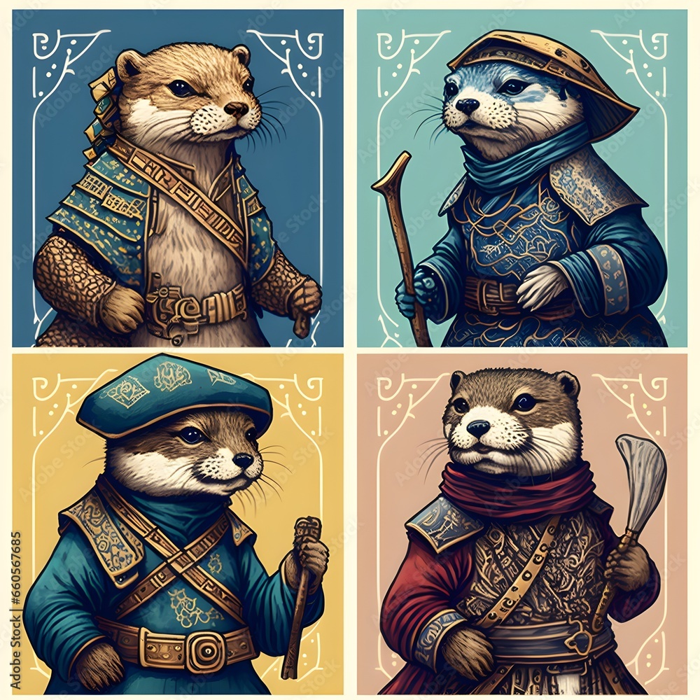 four anthropomorphic otter fantasy adventurers otter samurai otter ...