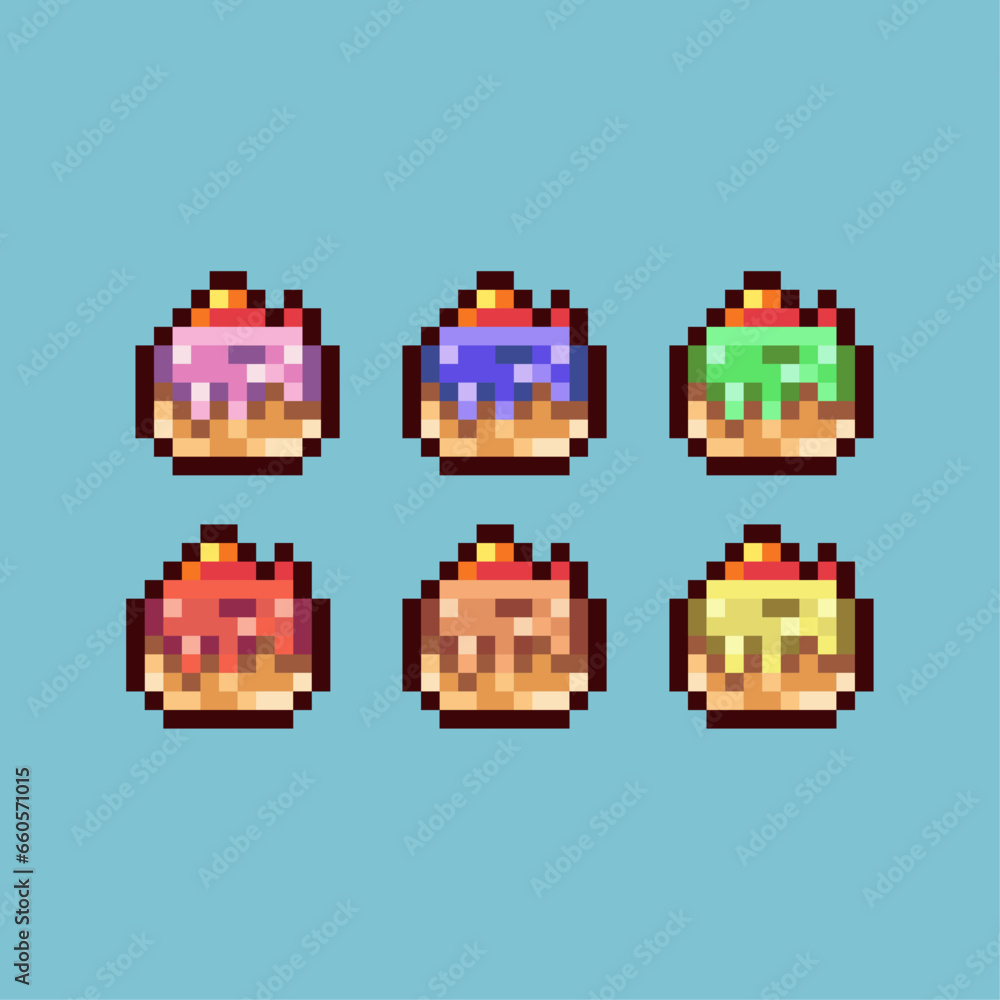 Pixel art sets of cake food with variation color item asset. Simple ...