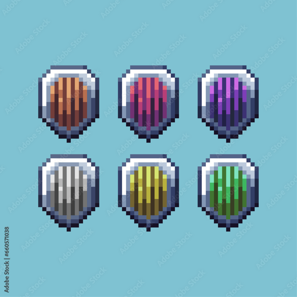 Pixel art sets of shield with variati on on color item asset. Simple ...
