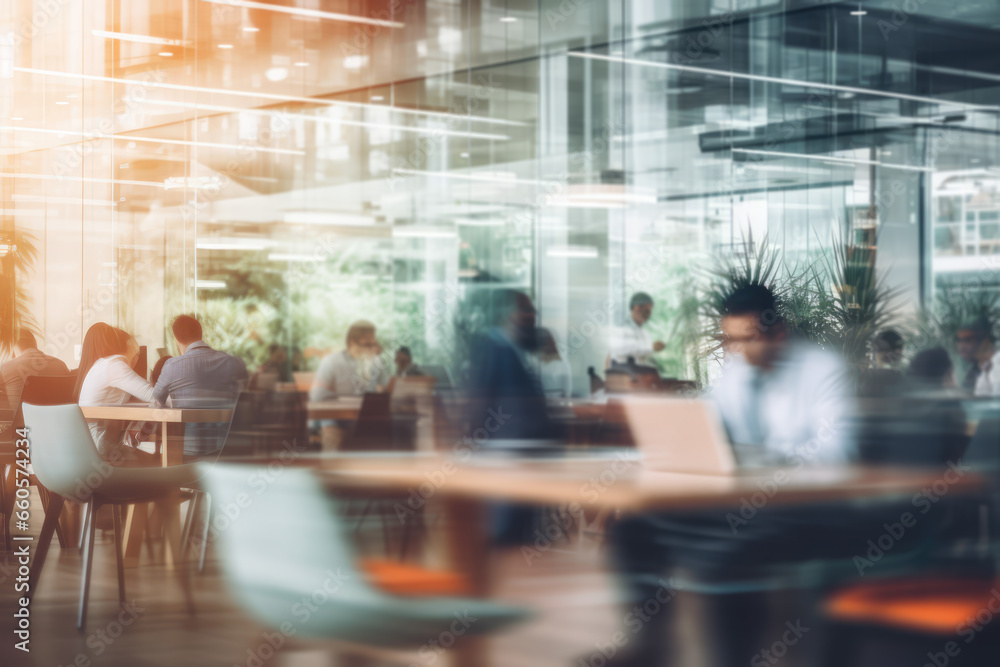 Blurry busy office scene showcasing a blend of traditional and remote ...