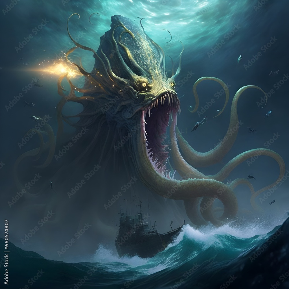 Fantasy art color sea monsters that reside in the abyssal depths of the ...