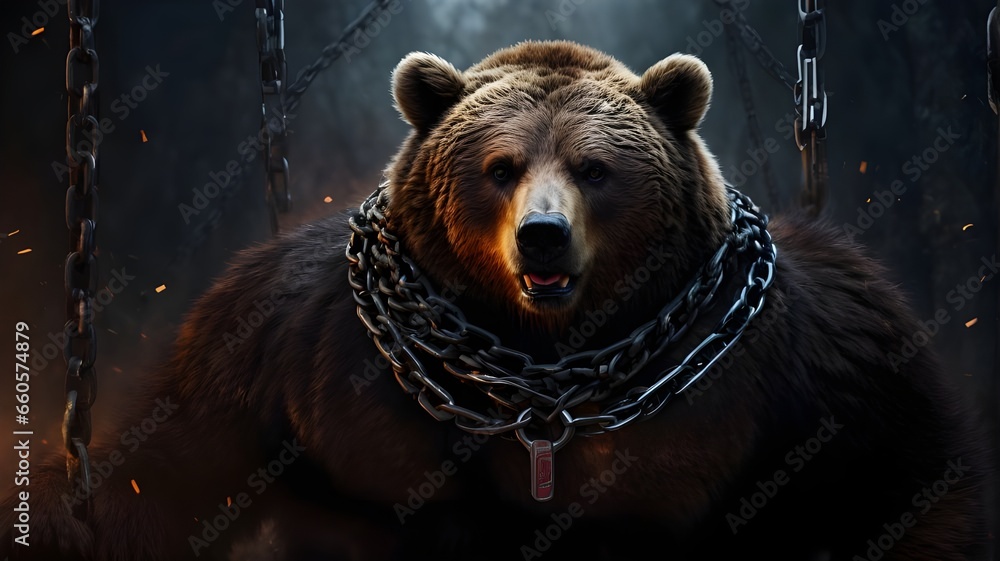 brown bear portrait. a picture of a angry bear with chains around its ...