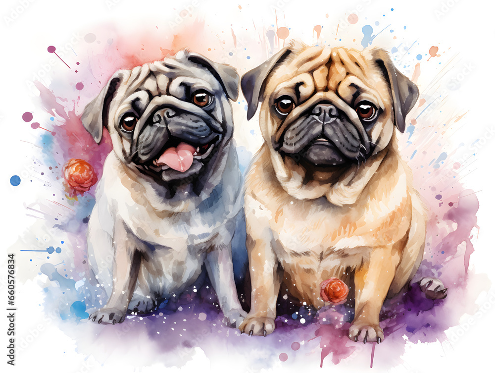 Abstract watercolor painting of a pair of pug. Pug has a short and ...