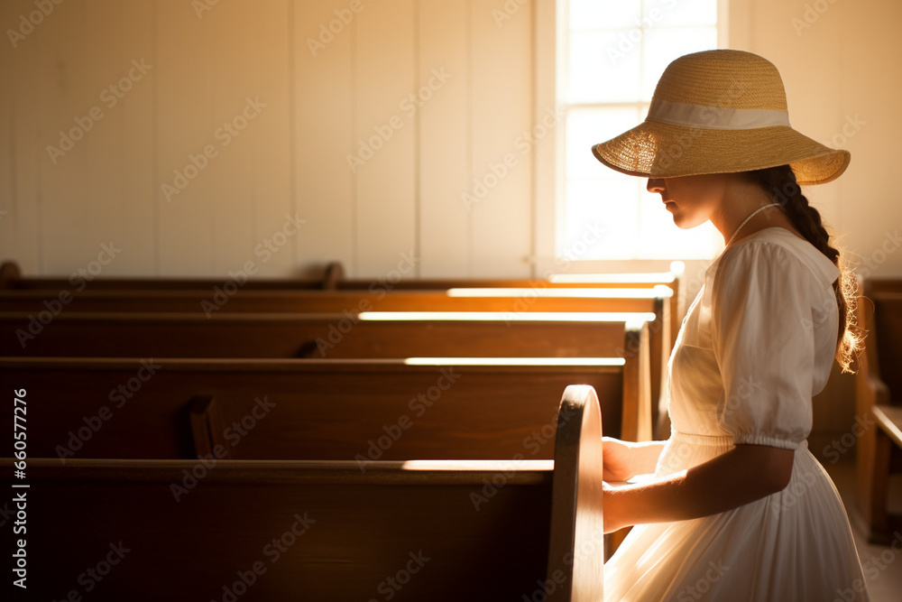 In a small countryside chapel, a woman dressed in traditional Amish ...