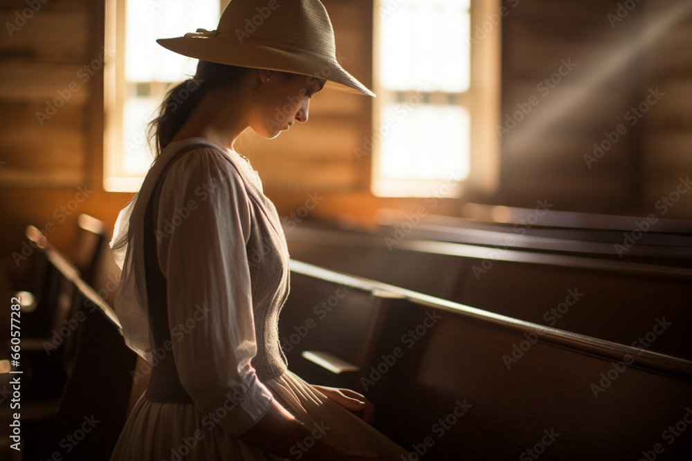 In a small countryside chapel, a woman dressed in traditional Amish ...