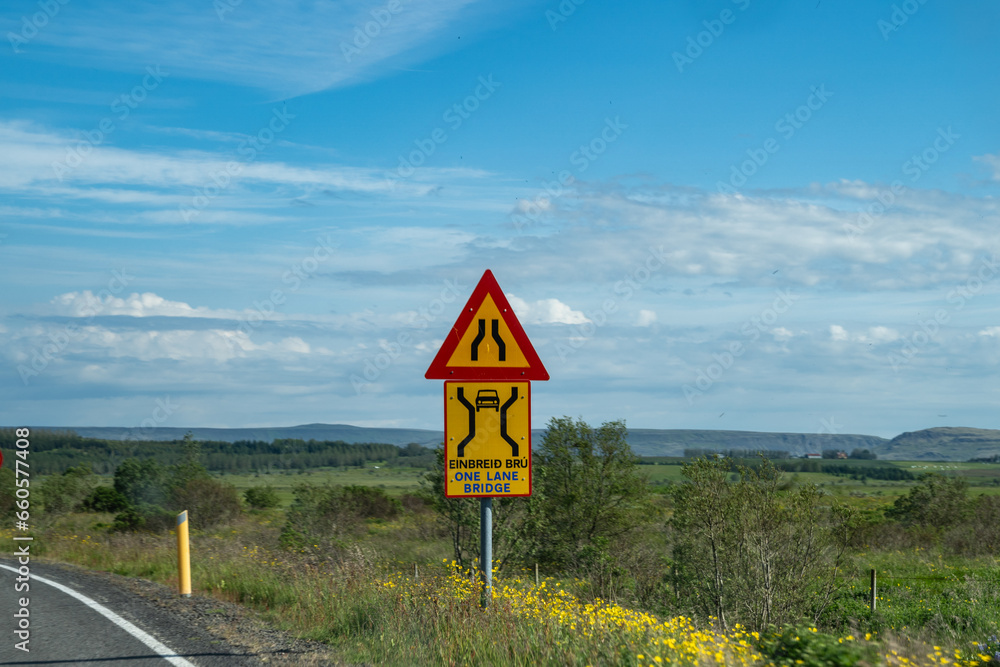 One lane bridge ahead sign along the ring road in Iceland Stock Photo ...