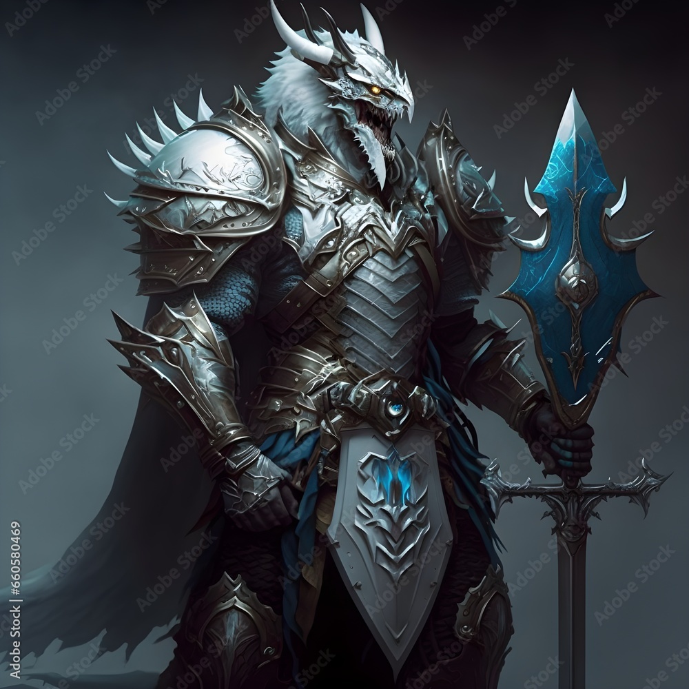a silver dragonborn paladin blue eyes full body pose heavy armor ...