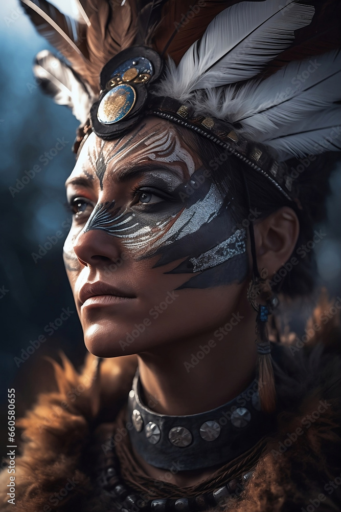 Proud independent amazon warrior, young woman, ethnic feathered ...