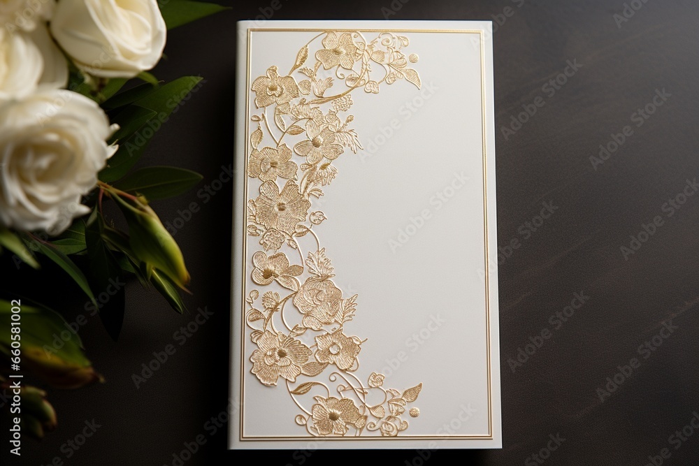 Empty beautiful wedding invitation card with golden floral frame ...
