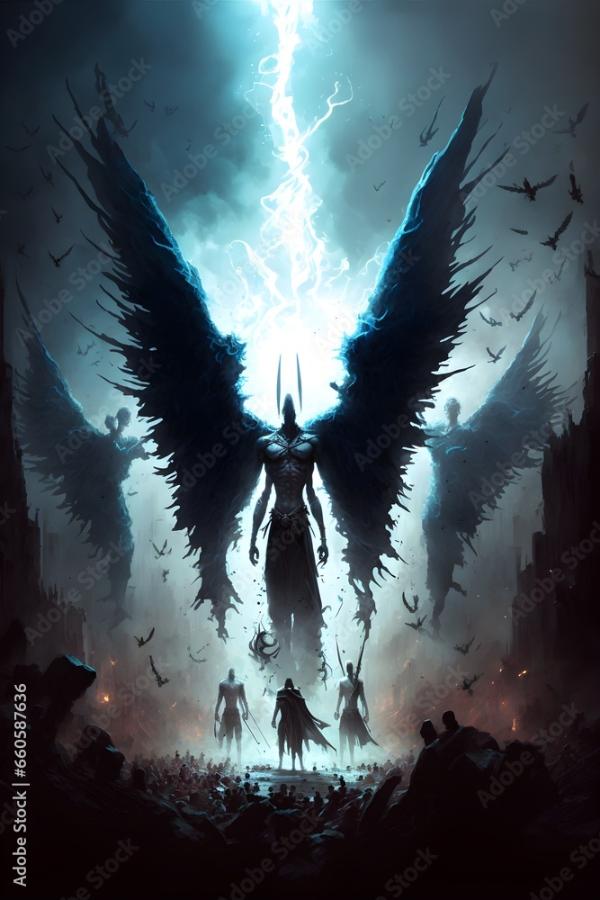 warring demons below heavens legion of angels with black wings falling ...