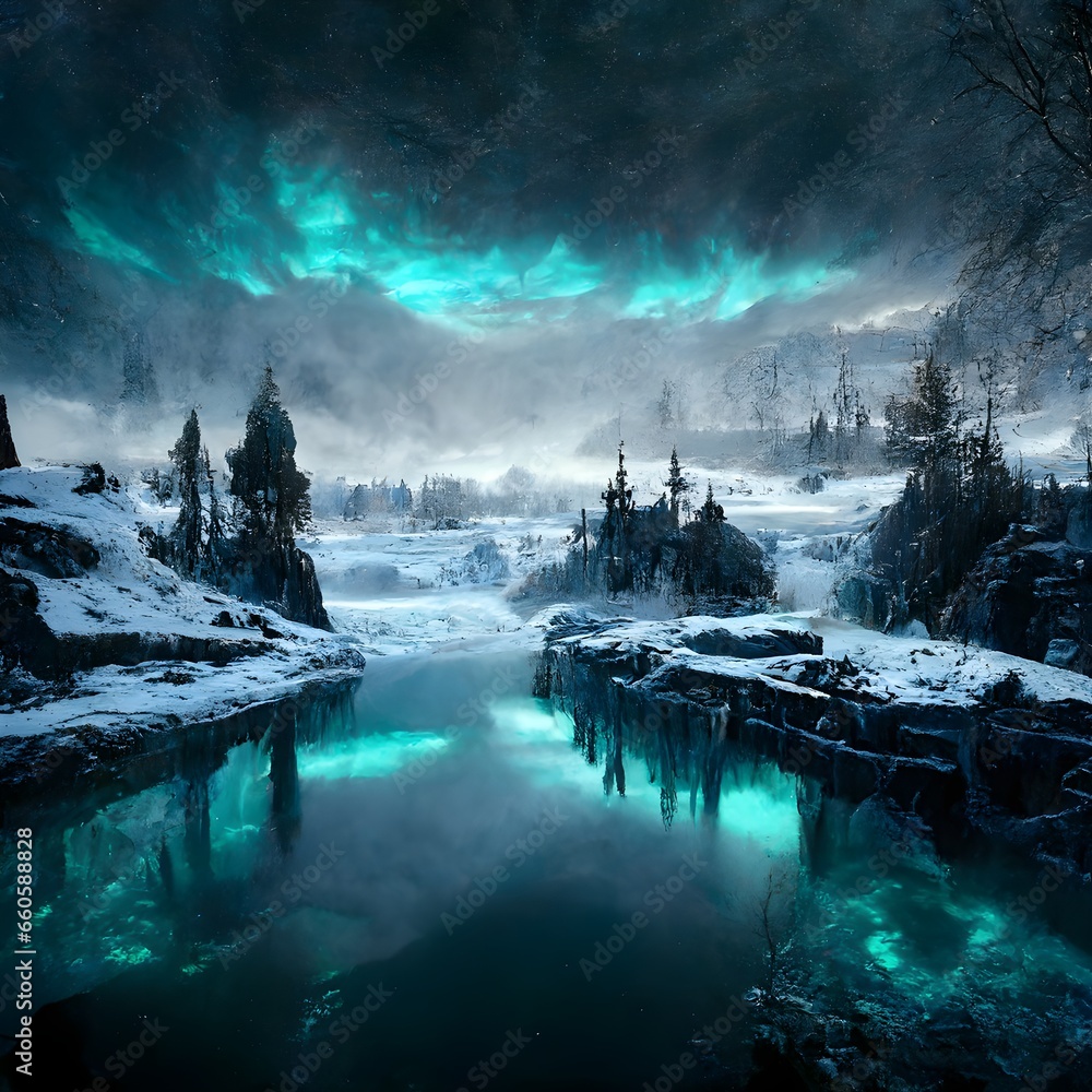 Niflheim realm of primordial ice and cold with the frozen rivers of ...