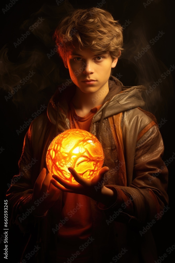 handsome boy holding a magical flaming energy sphere. Urban fantasy ...