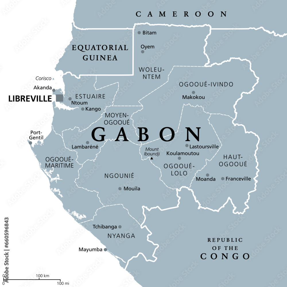 Gabon, gray political map with provinces. Gabonese Republic, with ...