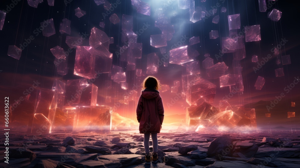 A solitary figure stands amongst shards of broken glass, their clothing ...