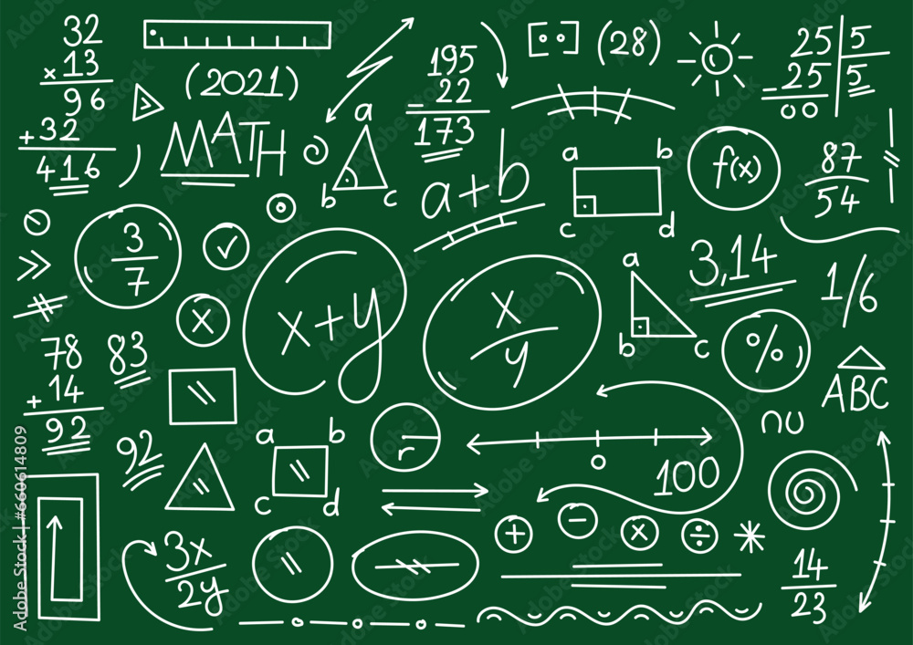 hand drawn math symbols. math symbols on green background. sketch math ...
