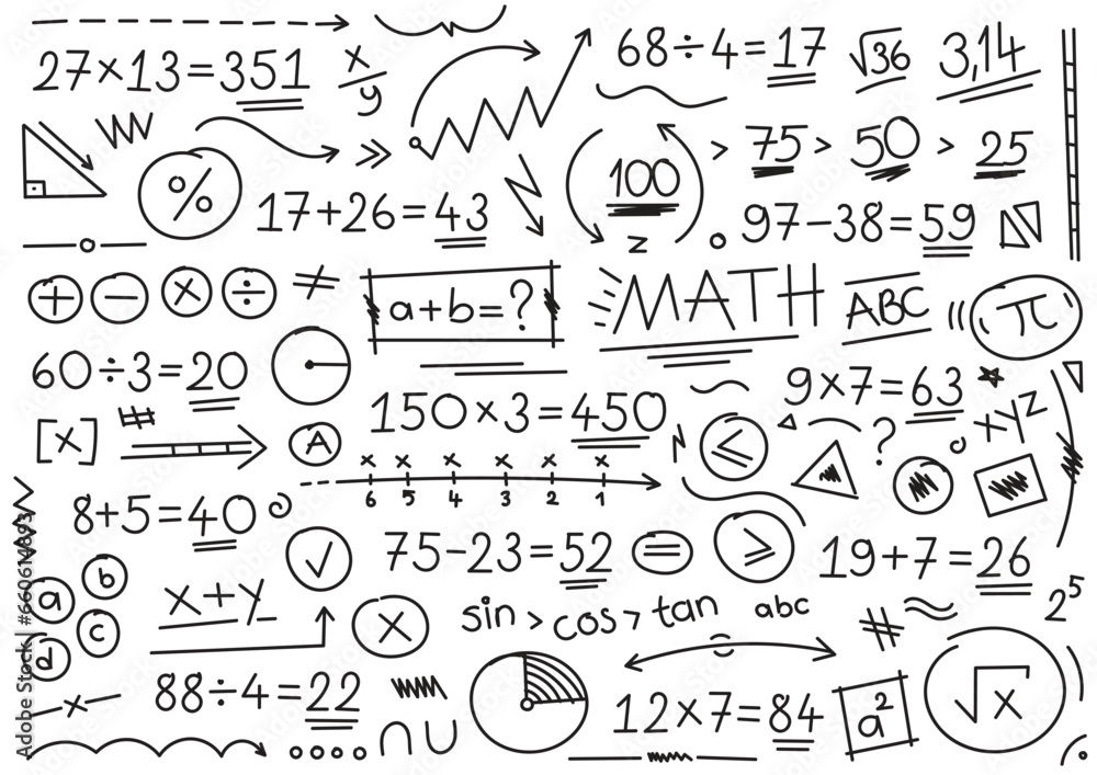 hand drawn math symbols. mathematical numbers, symbols and signs. hand ...