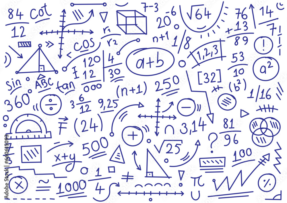 hand drawn mathematical symbols. mathematical background. doodle math ...