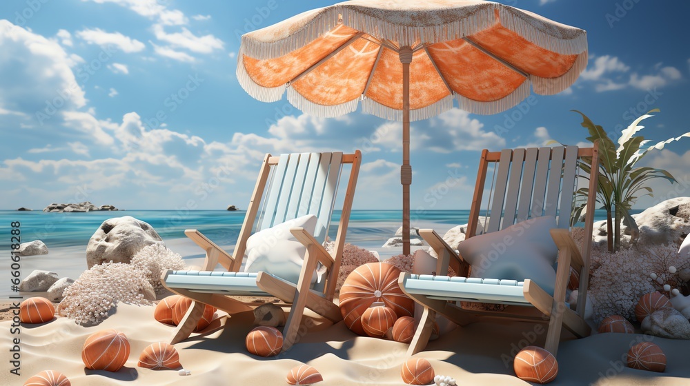 3D sea, sandy beach with umbrellas to protect from the sun Surfboard ...