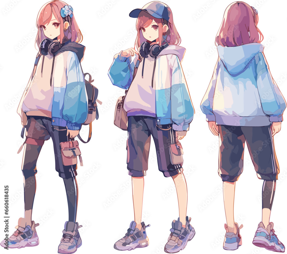 Vetor de anime character sheet 3 girls in modern clothes, front and ...