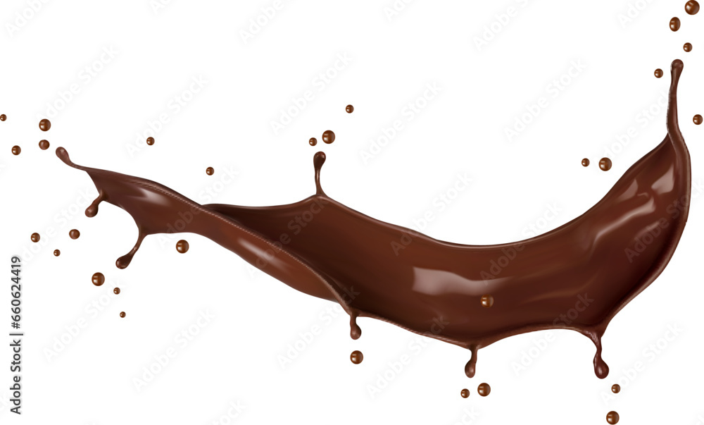 Realistic chocolate long wave splash with drops of choco candy splatter ...