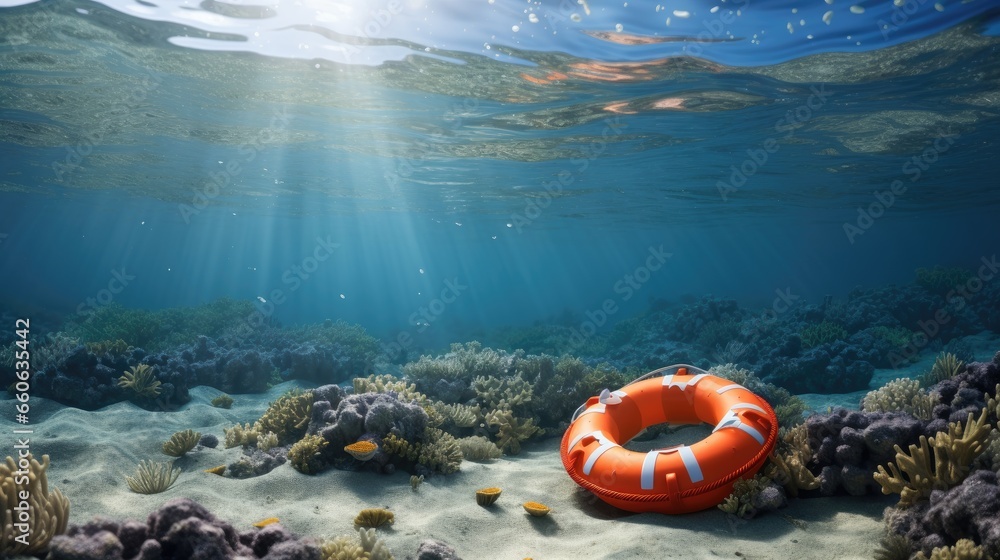An inflatable swimming life preserver lies on the bottom of the sea in ...