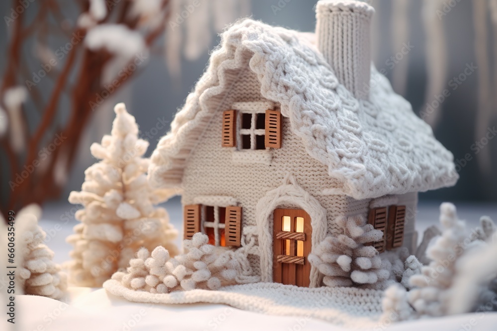 Gestricktes Haus in einer Winterlandschaft. Selbst Häkeln oder Stricken ...